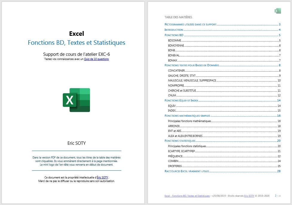 Raccourcis pour Excel 2019